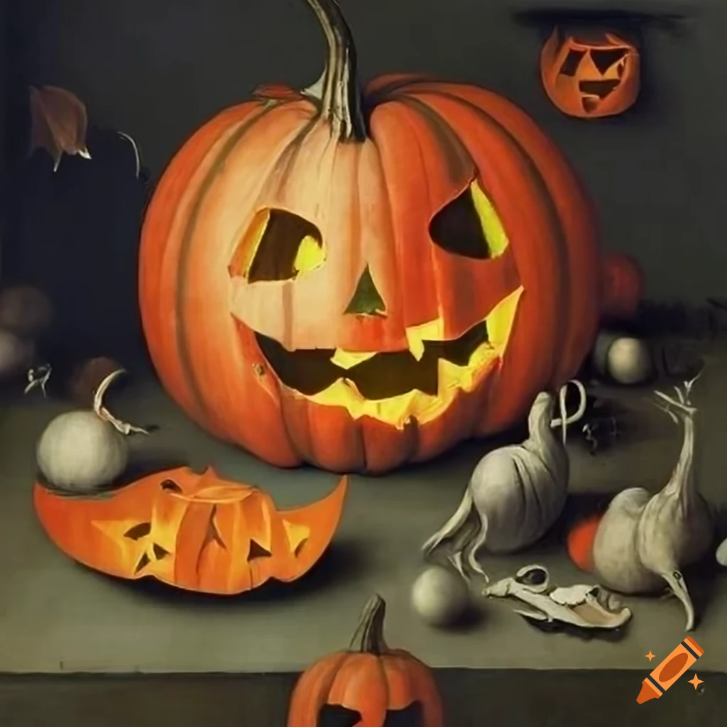 Surreal halloween painting of adoration of the pumpkin