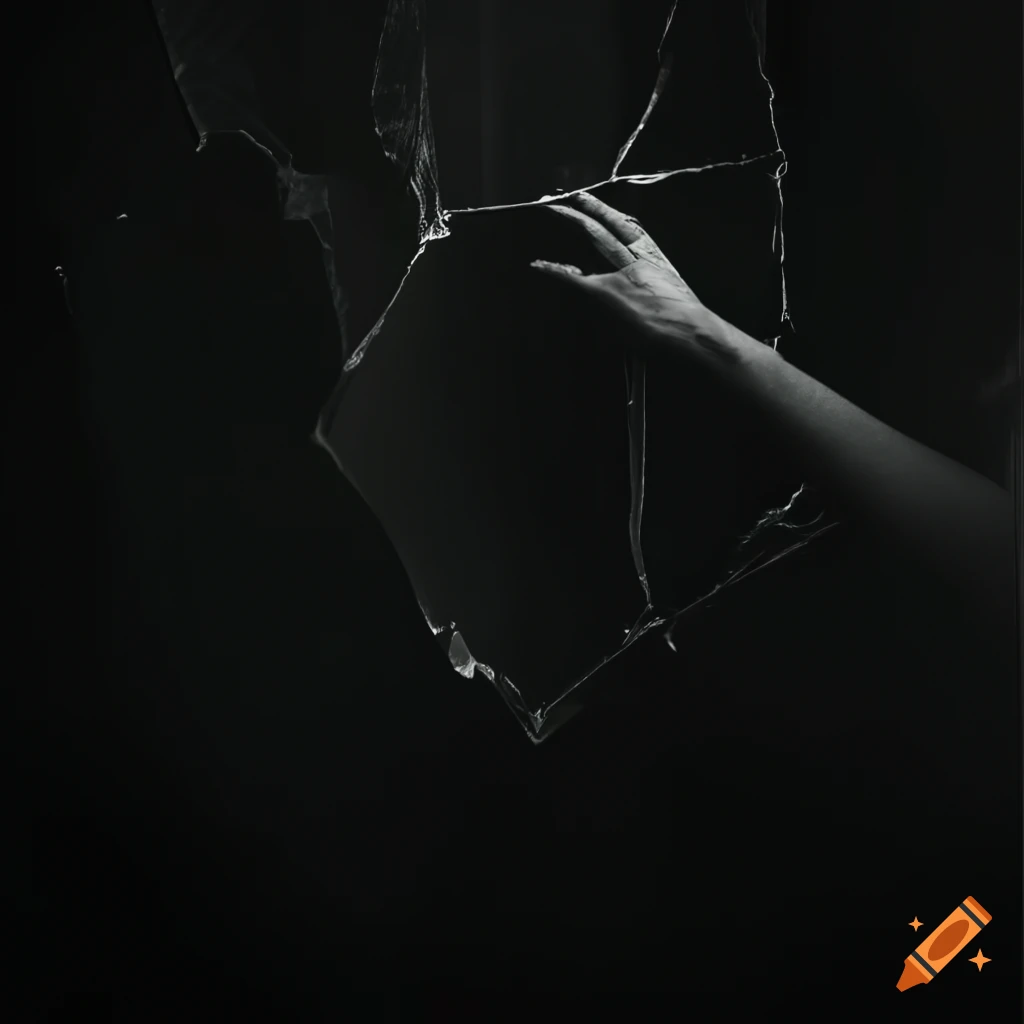 Surreal image of a person looking into a shattered screen on Craiyon