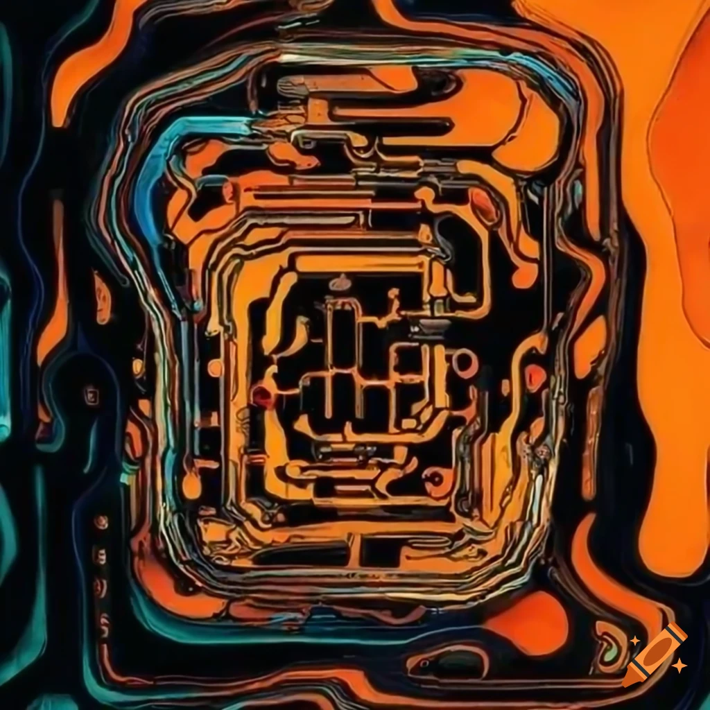 Chinese ink painting of black and orange circuit boards