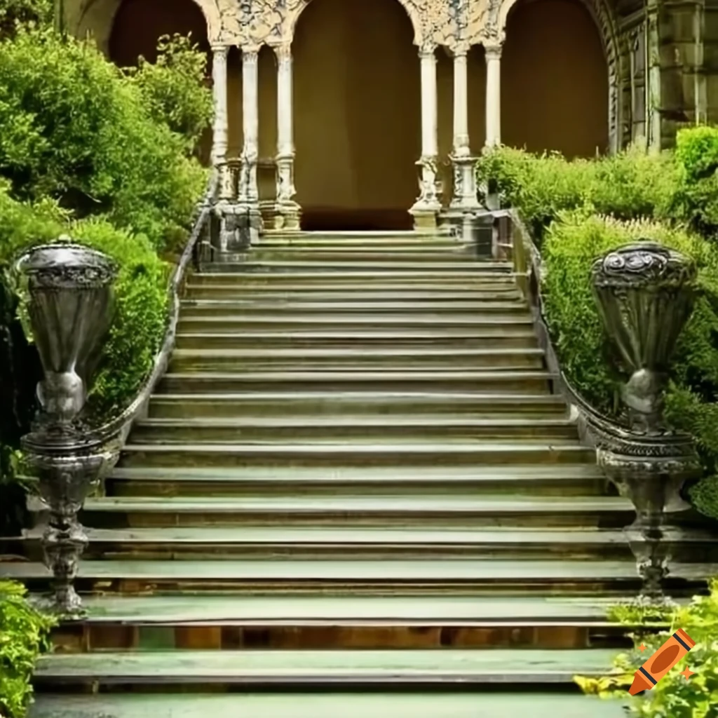Islamic garden with silver stairs leading to a balcony on Craiyon
