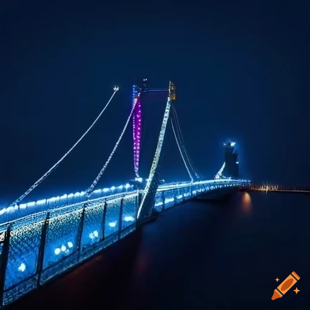 Nighttime view of a suspension bridge with led lights on Craiyon
