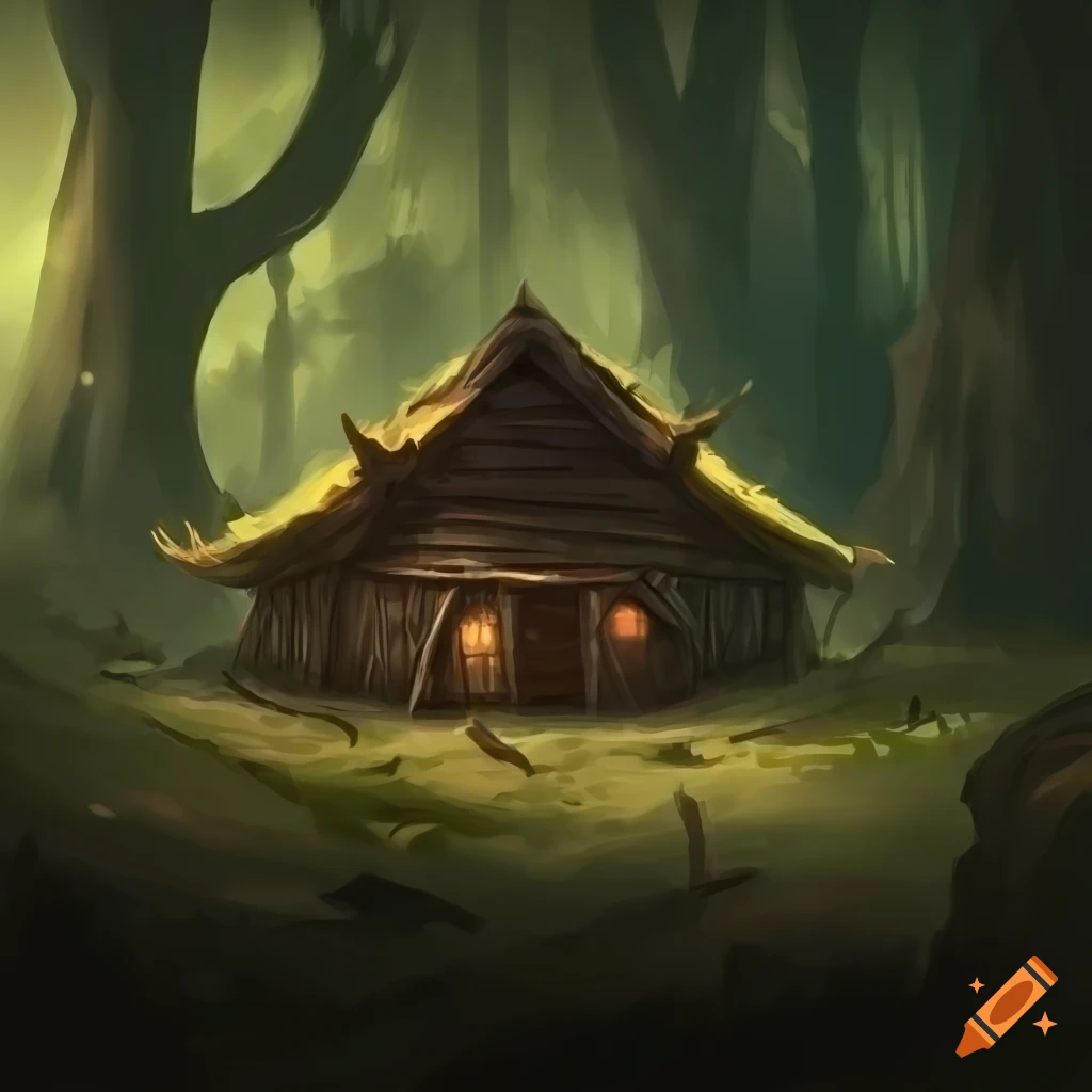 Concept art of a medieval forest with a wooden hut