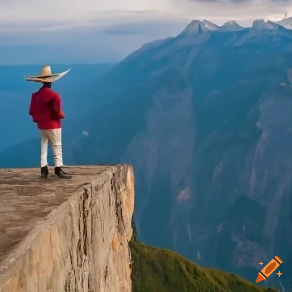 Man overlooking a border wall from a mountain peak on Craiyon