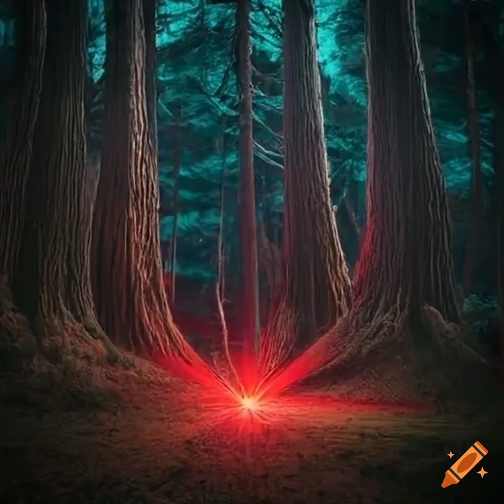 Maze of ancient pine trees with a red laser beam