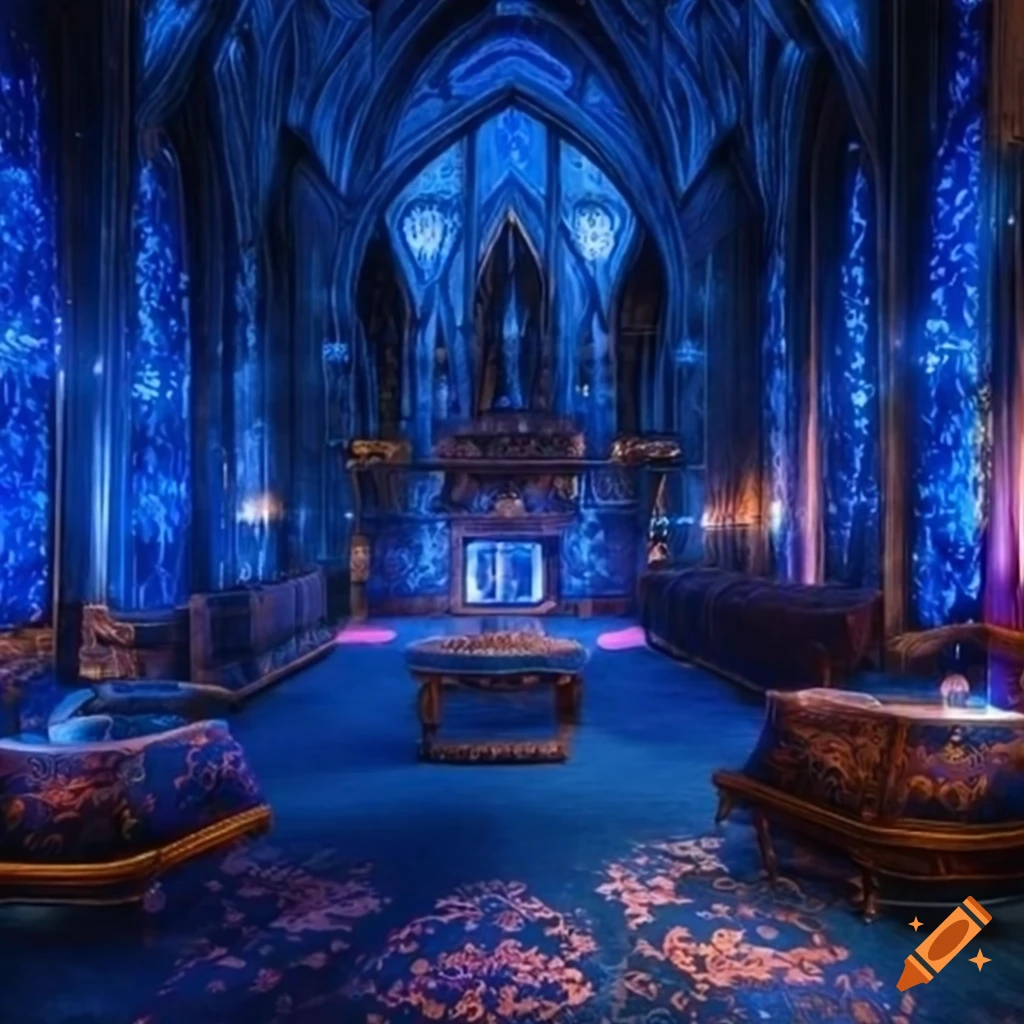 Blue-themed magical lounge area in Hogwarts on Craiyon