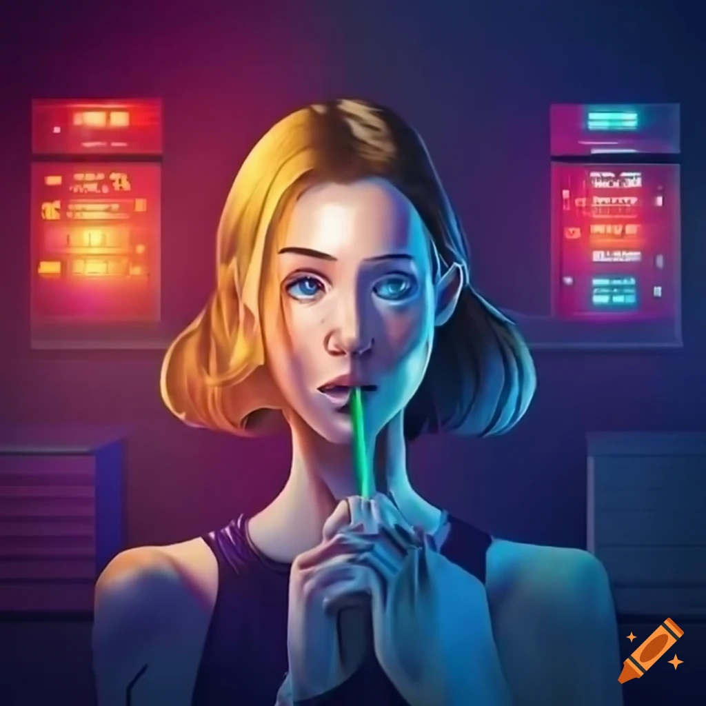 Pixelart portrait of a russian android cyborg girl at the top of a ...