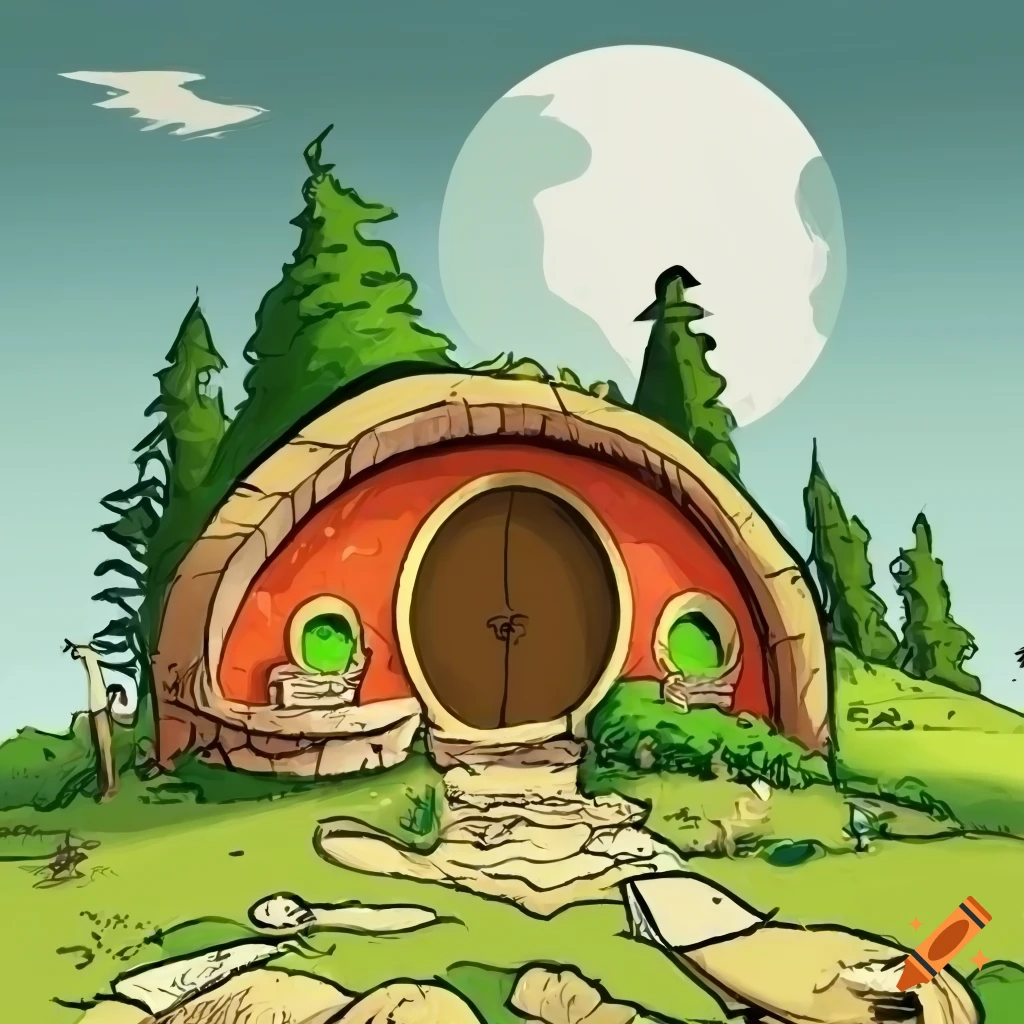 Cartoon illustration of a hobbit house on Craiyon