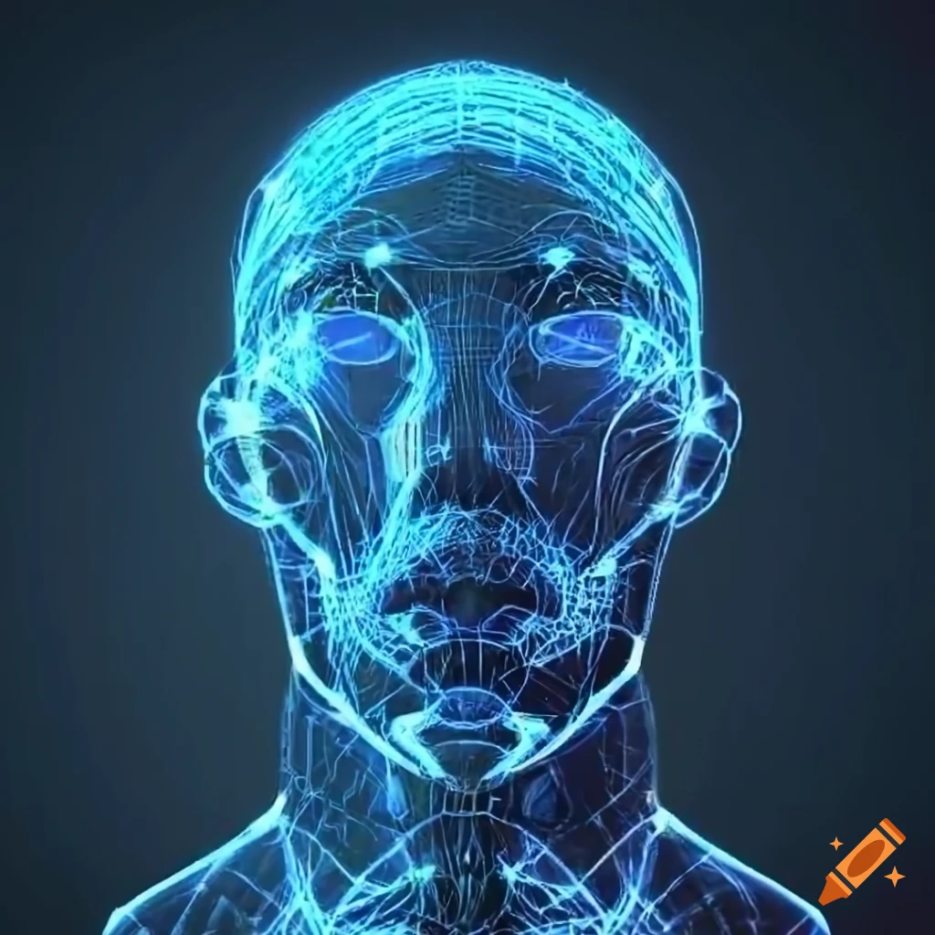 Blue wireframe hologram face
