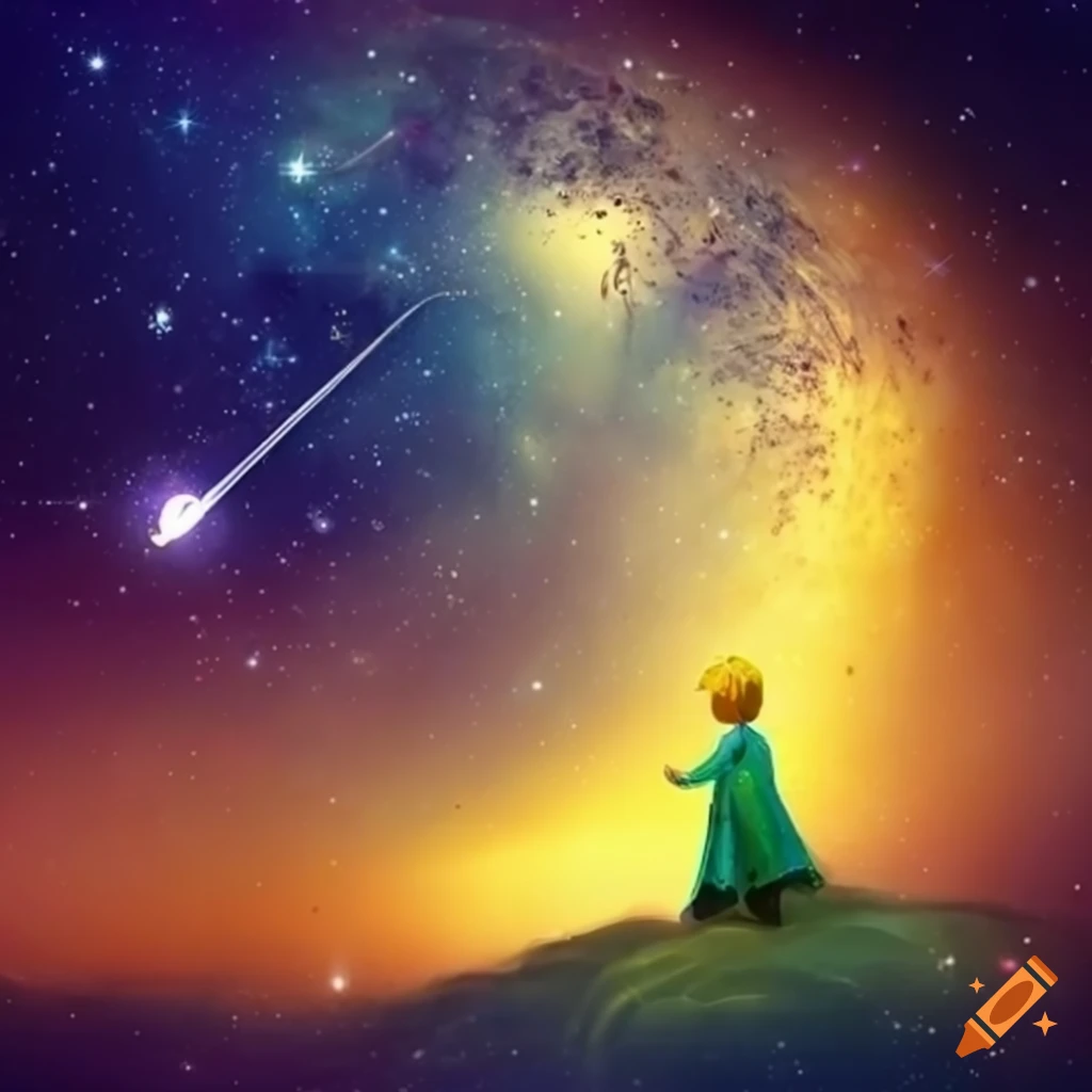 Illustration of the little prince gazing at the stars