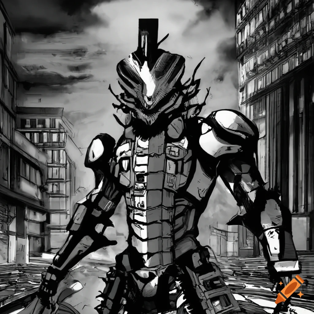 Black and white manga panel of a battle in burning Tokyo on Craiyon