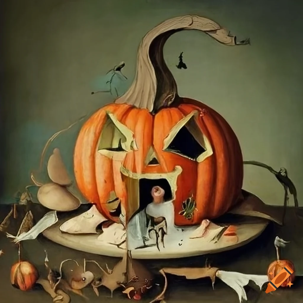 Surreal halloween painting of adoration of the pumpkin