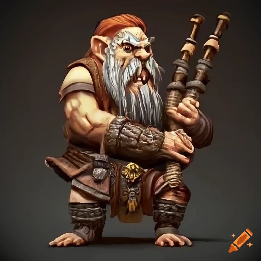 Image of a dwarven half-troll bard playing bagpipe on Craiyon