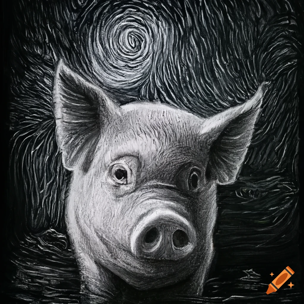 Artwork of a pig under starry night sky