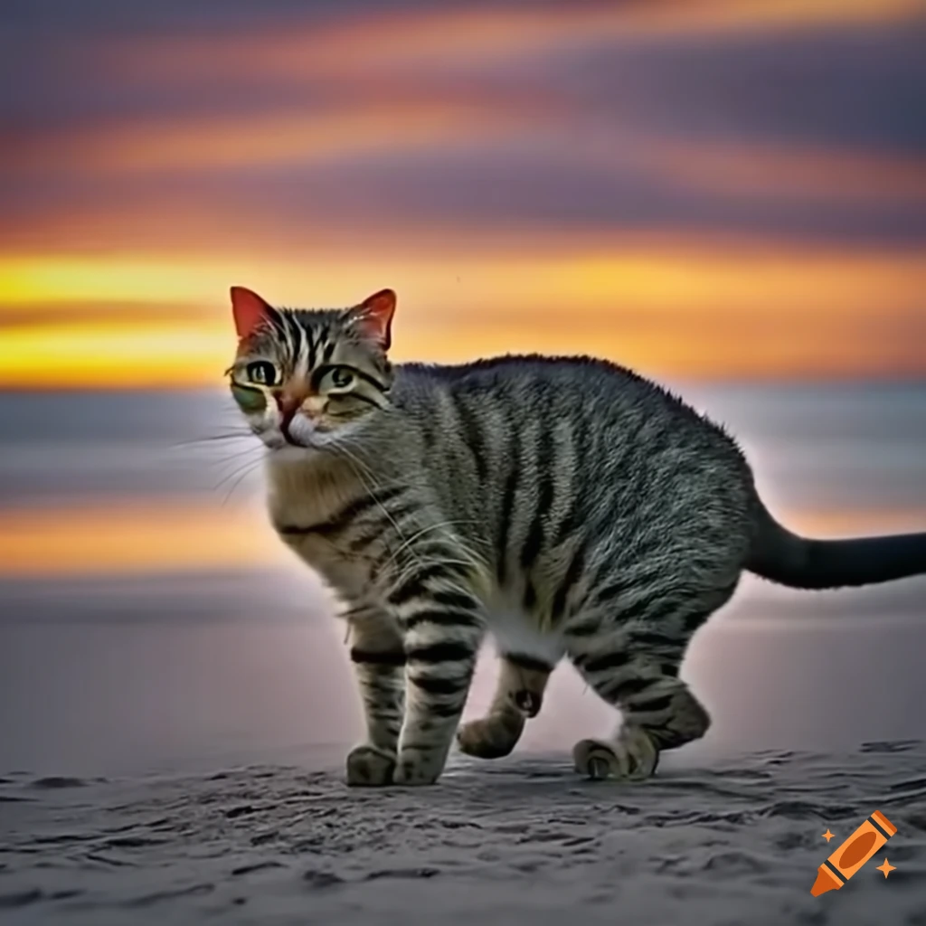 Cat enjoying the sunset on the beach
