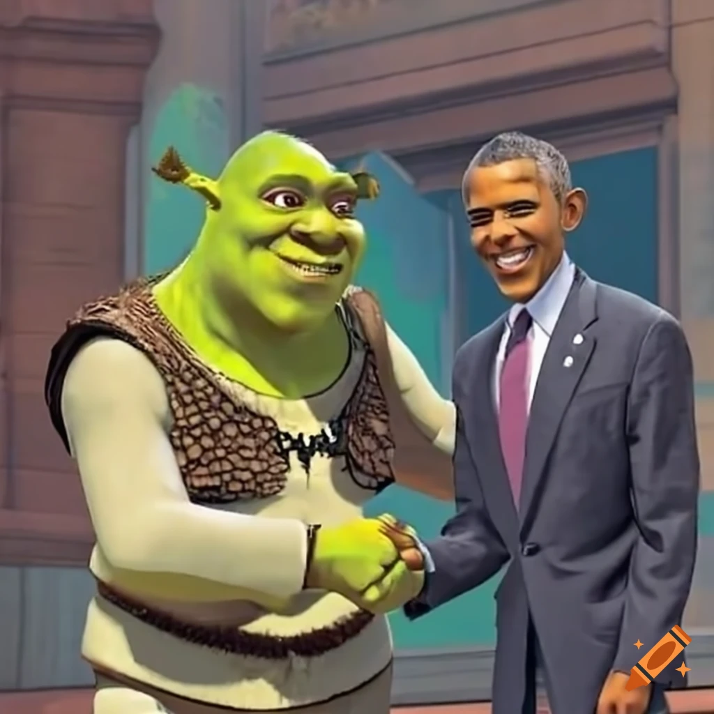 Shrek shaking hands with barack obama