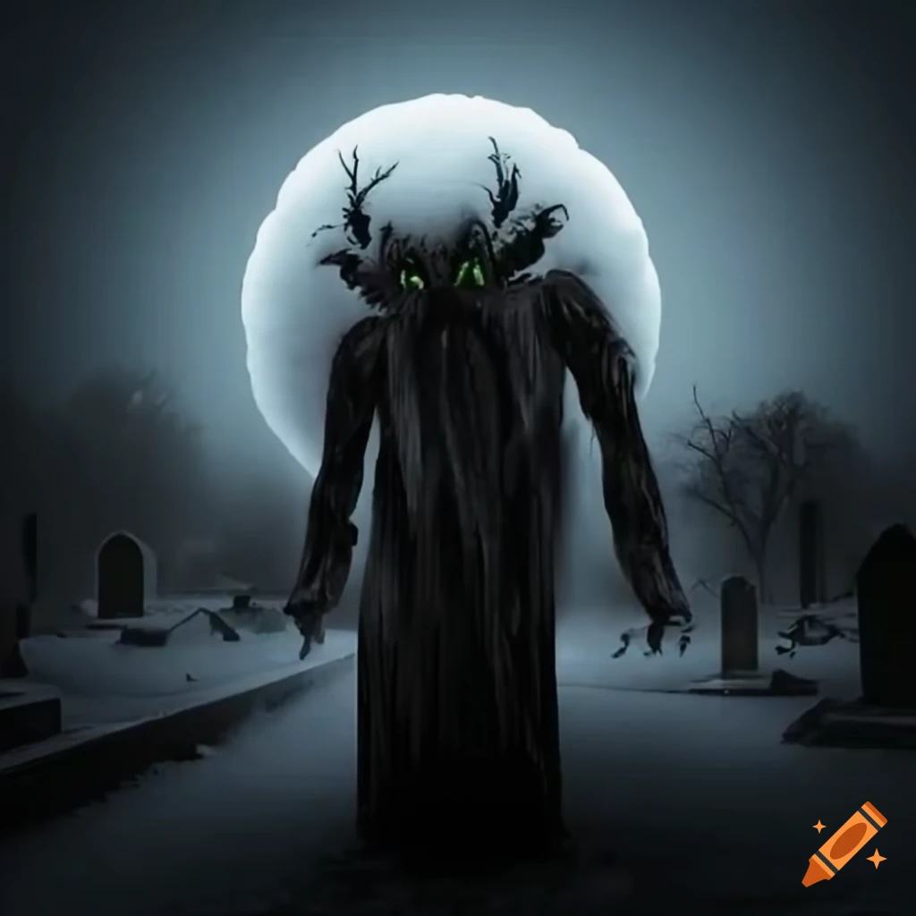 Ominous creature in misty graveyard