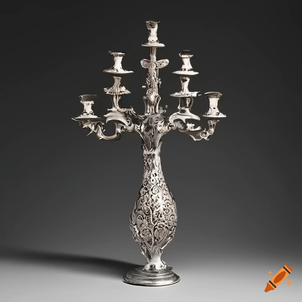 Silver candelabrum oil lamp burning flames