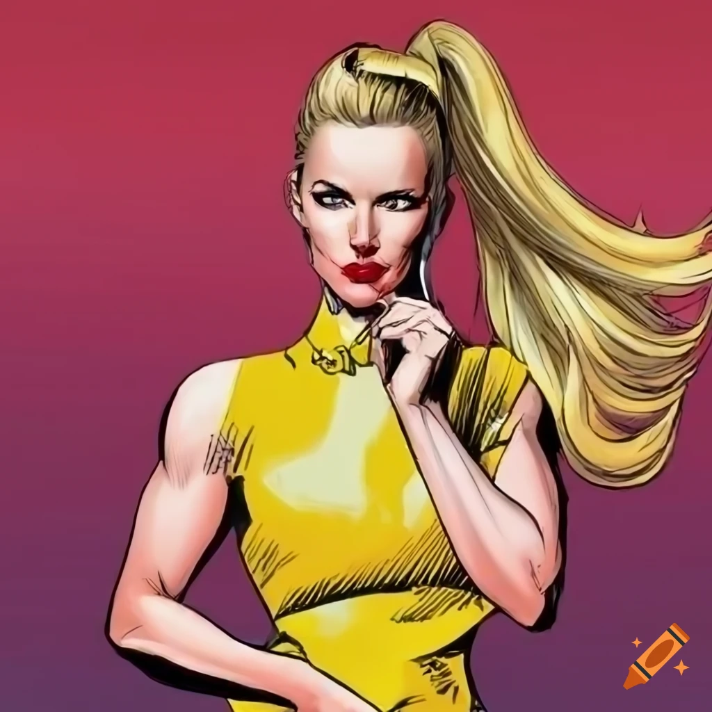 Comic book panel of an elegant blond woman in yellow attire on Craiyon
