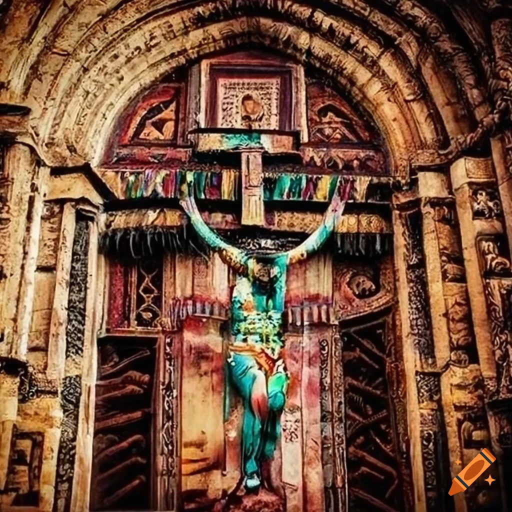 Street art fusion of catholic and aztec iconography