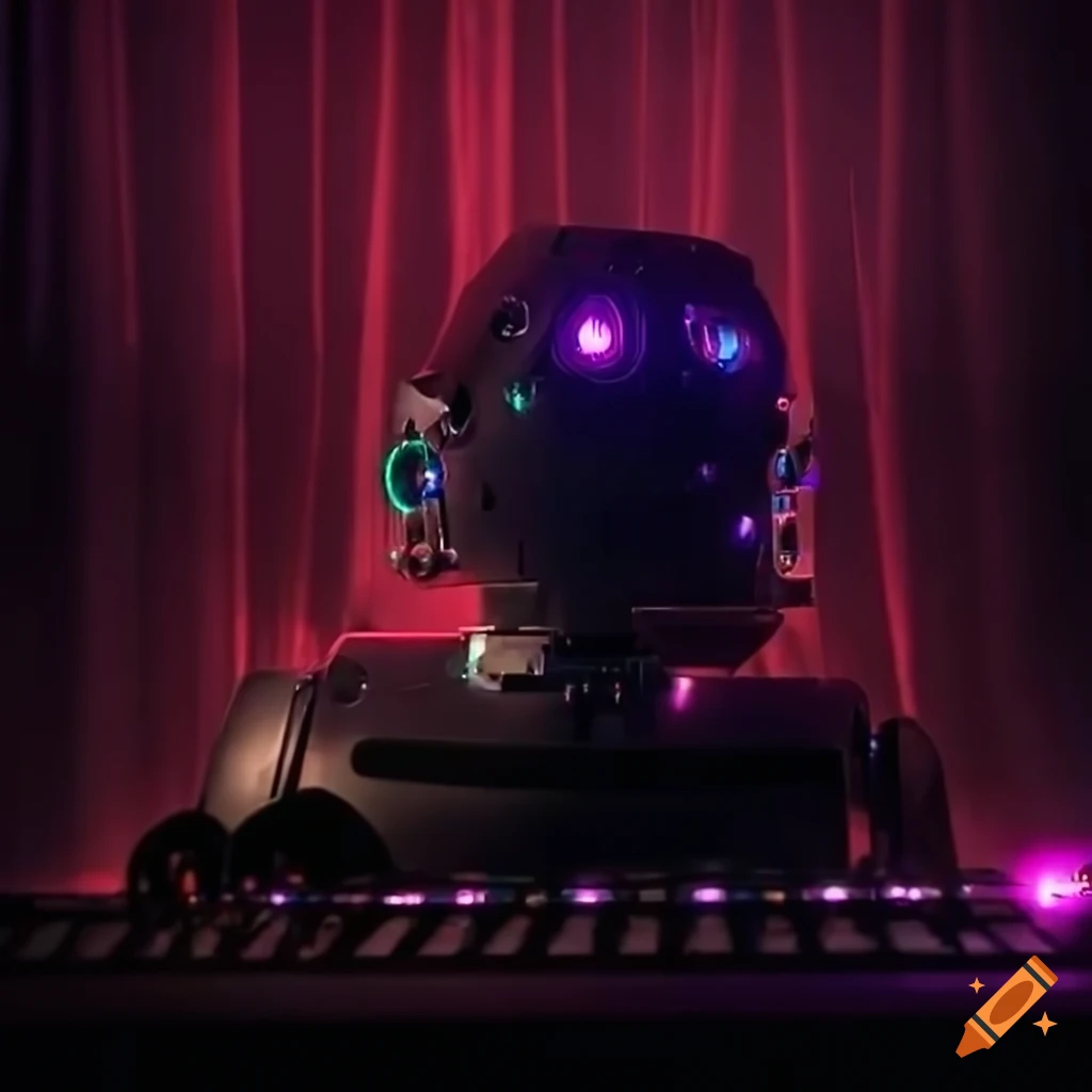 Robot playing synthesizer with stage lighting