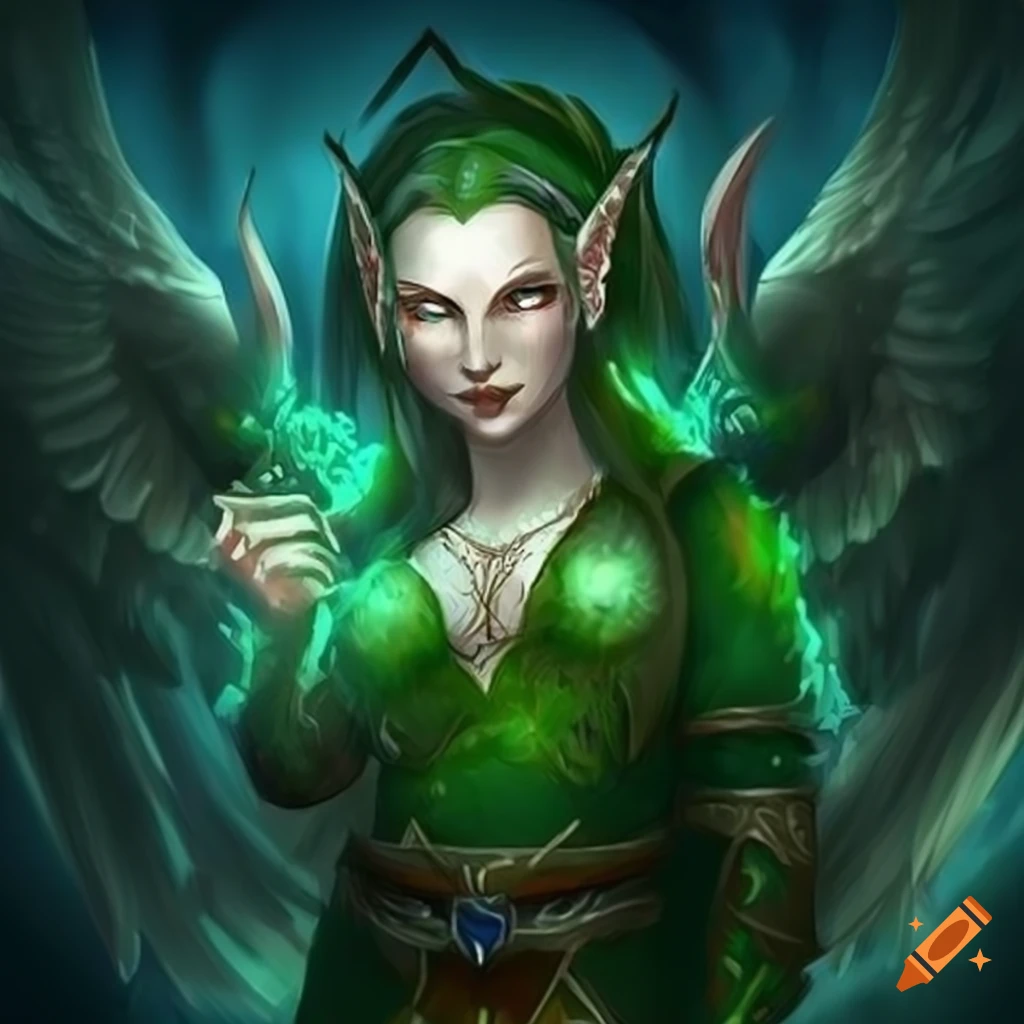 Digital artwork of a female elf with avian characteristics on Craiyon