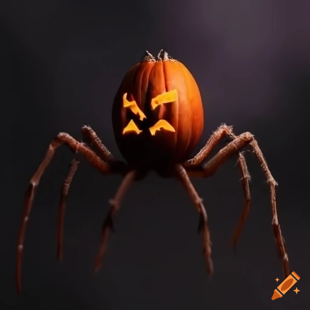 Spooky halloween pumpkin spider in a dark forest