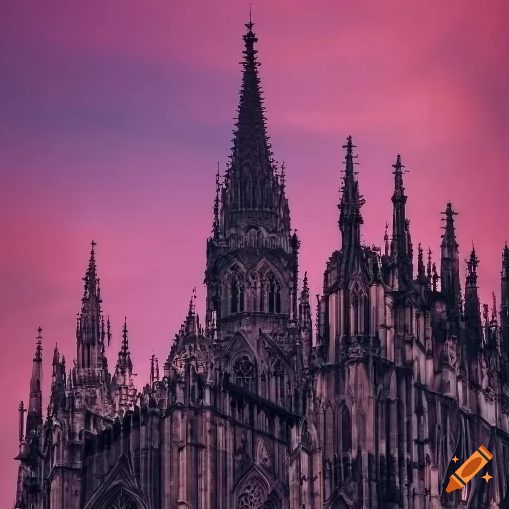 Pink sunset behind a gothic cathedral in a european city