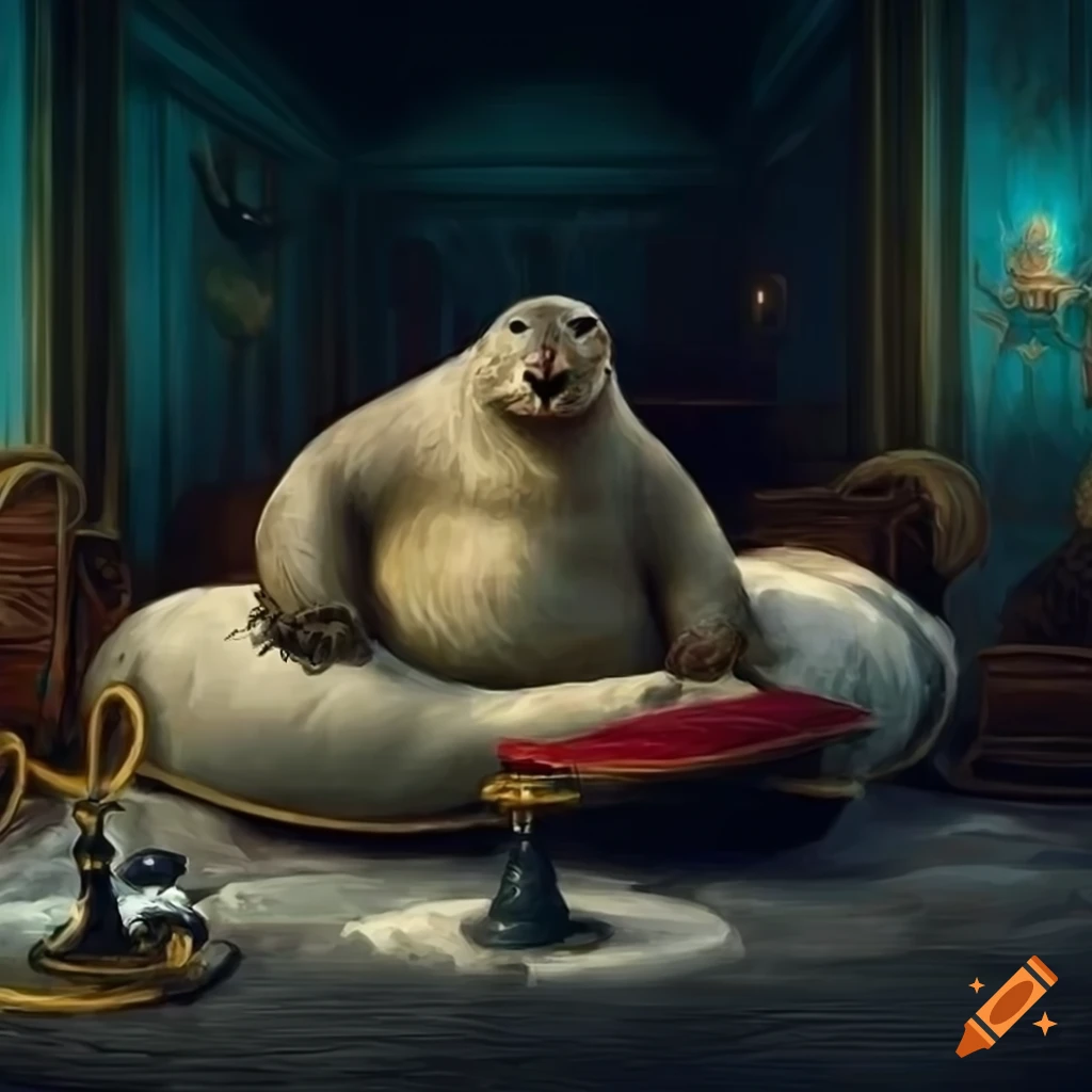 Digital art of a leopard seal in a medieval fantasy lounge on Craiyon