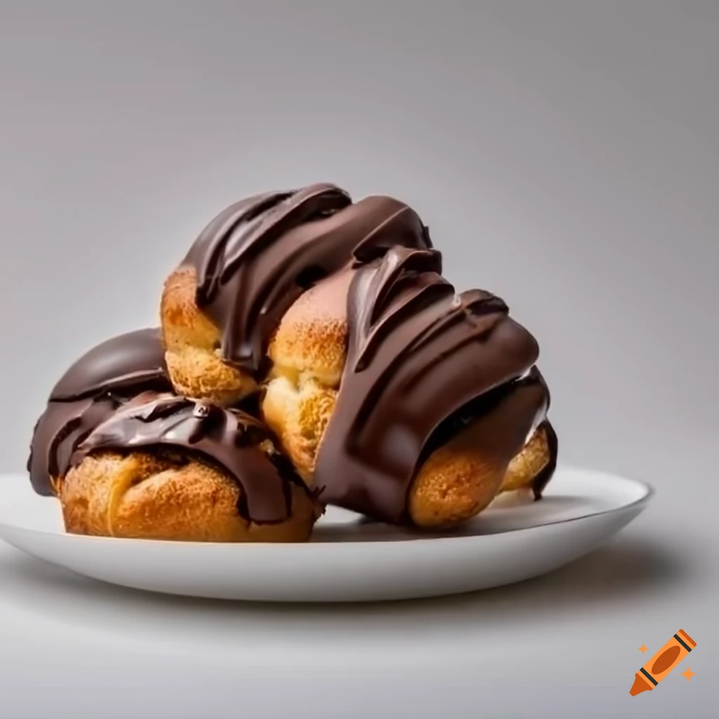 Chocolate profiteroles on a white plate