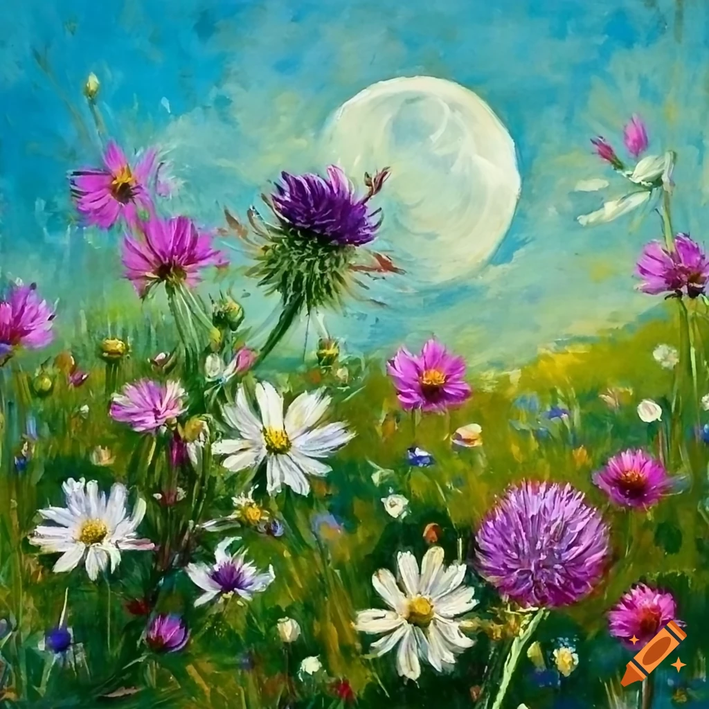 Oil painting of a meadow with star thistle, clover, and cosmos flowers ...
