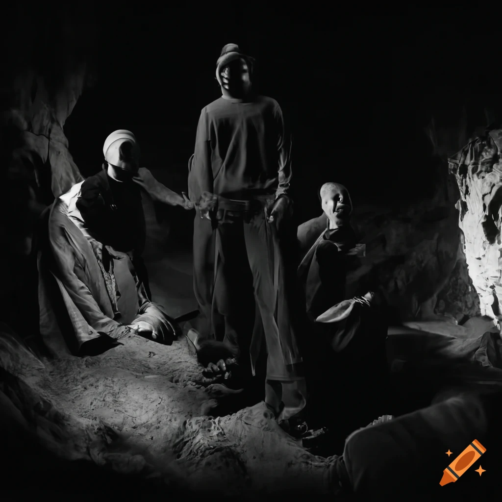 Men producing music in a cave on Craiyon