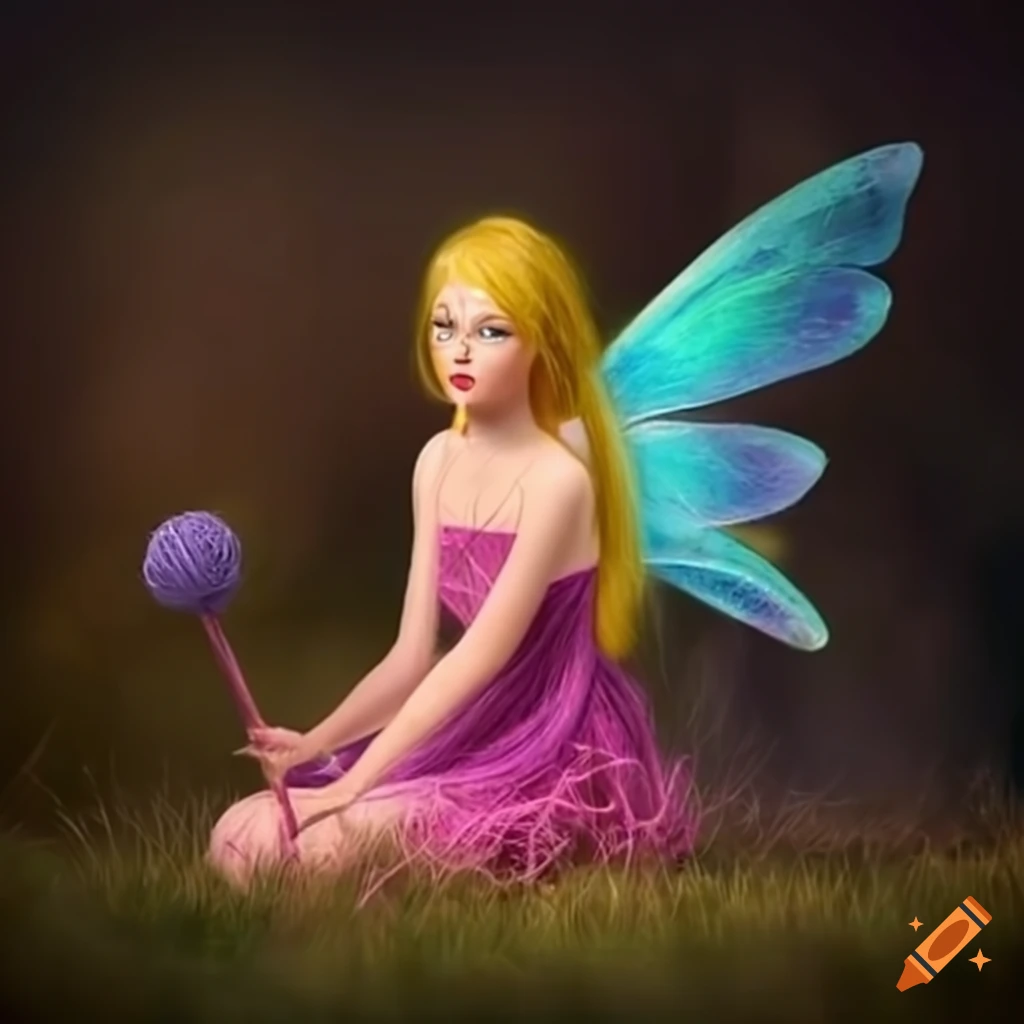 Illustration of a fairy with a magic wand and wool ball on Craiyon