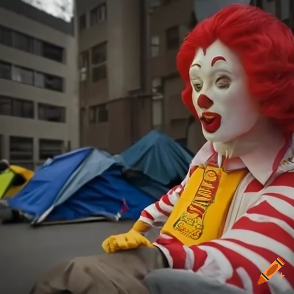 Satirical depiction of ronald mcdonald in a homeless camp on Craiyon