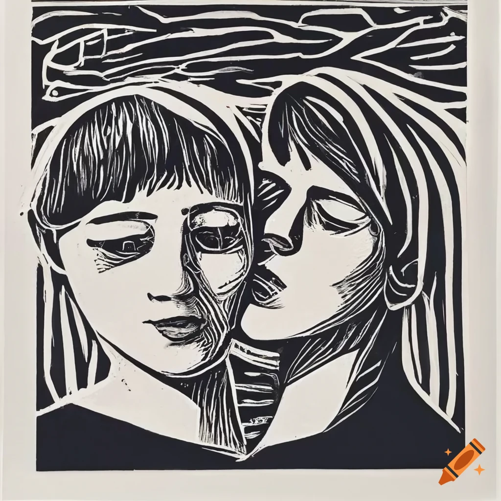 Black and white detailed linocut print of women swimming in the ocean ...