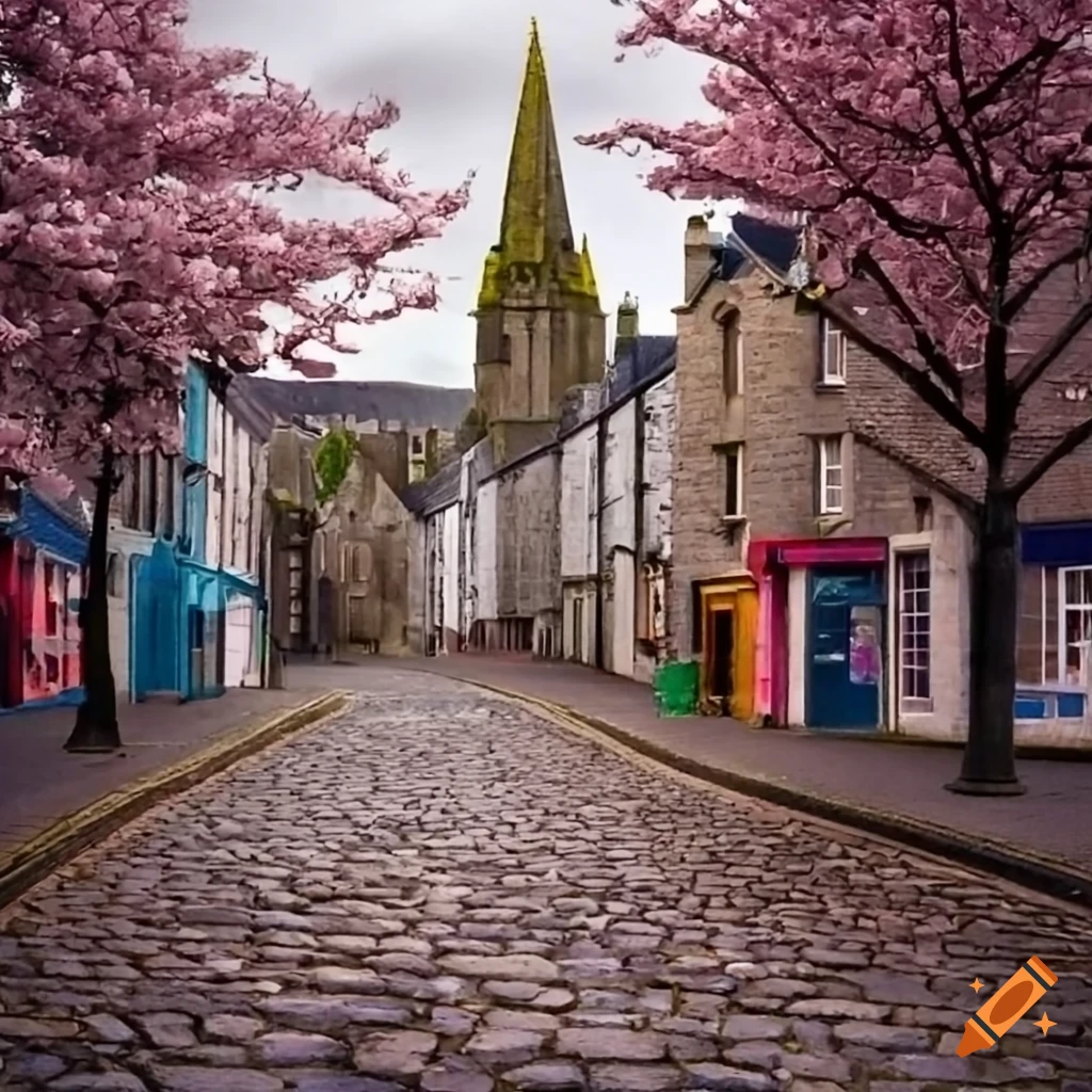 Scottish cobbled street with cherry blossom trees on Craiyon