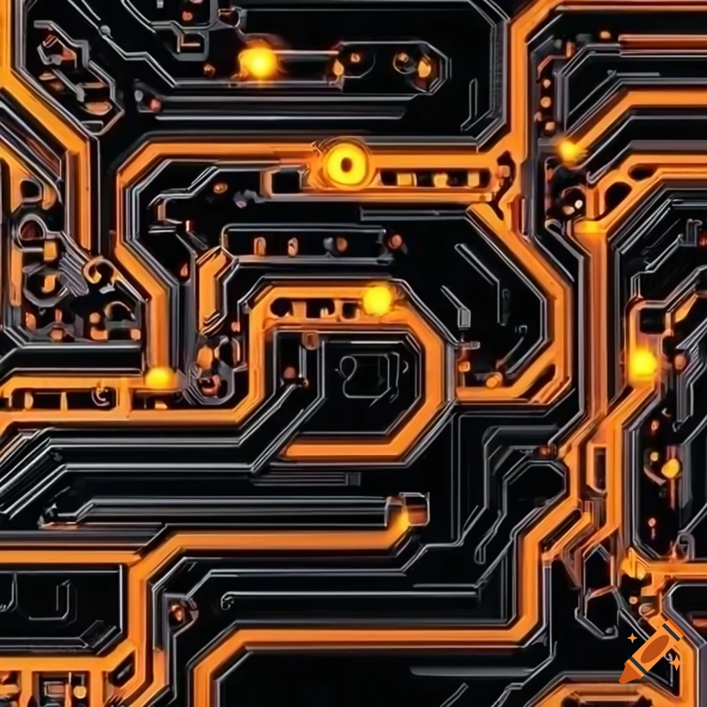 Abstract artwork of black and glowing orange circuit boards on Craiyon