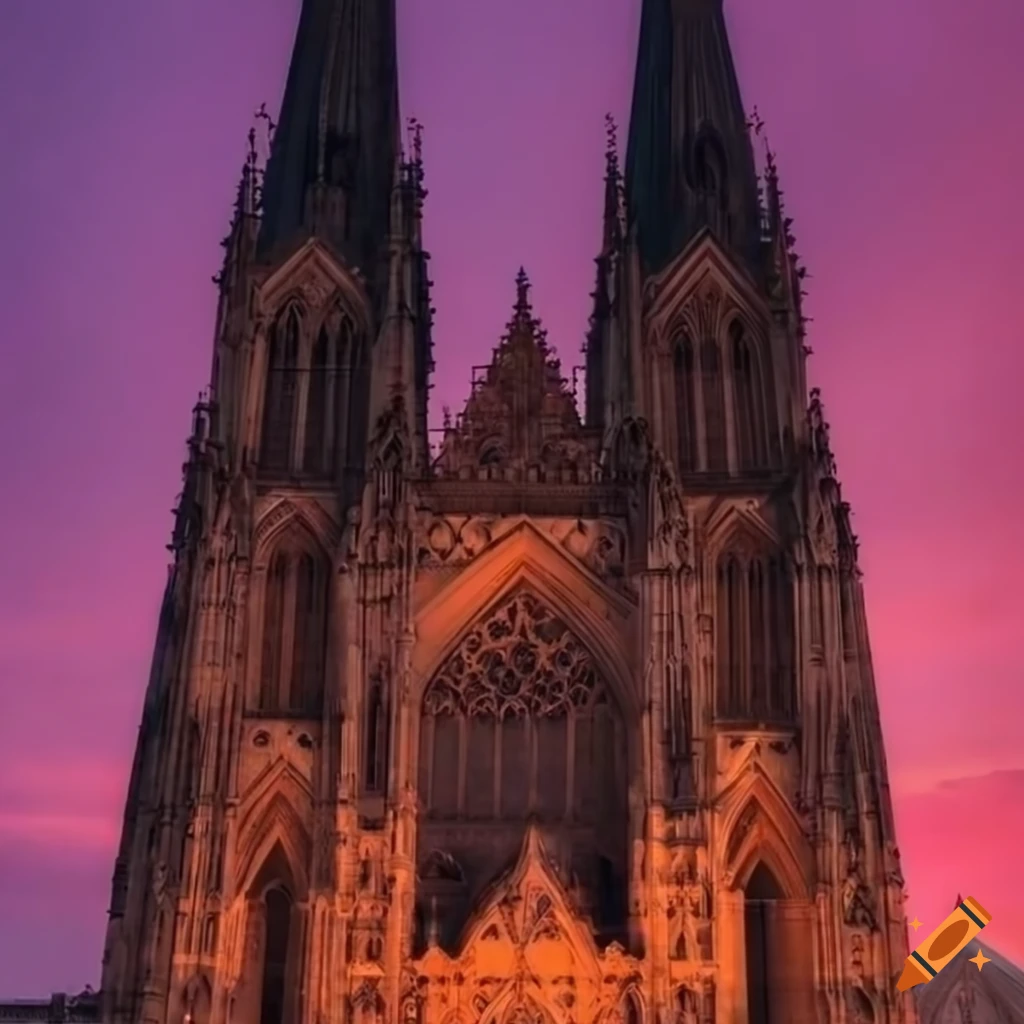 Sunset view of a gothic cathedral in a european city