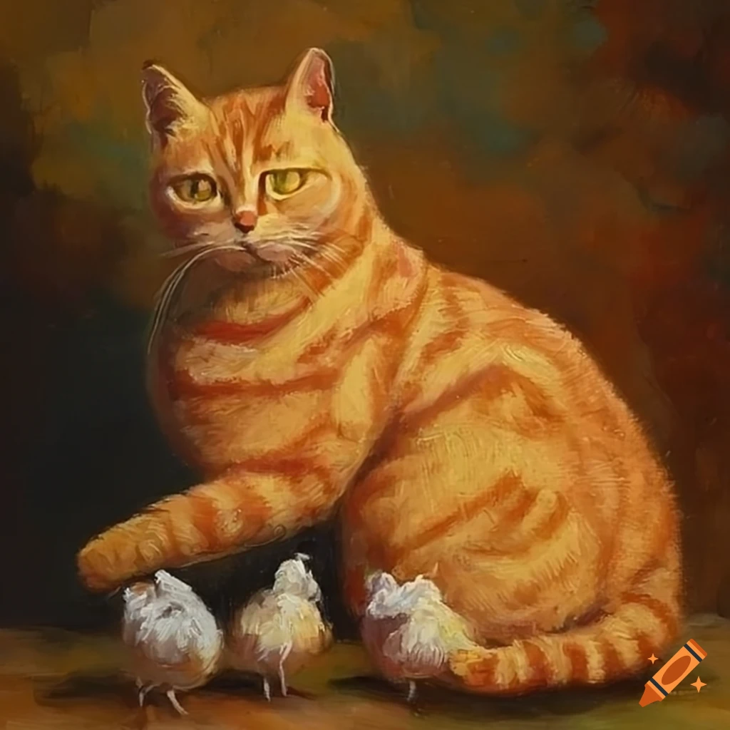 Oil painting of an orange cat in a backyard with chickens