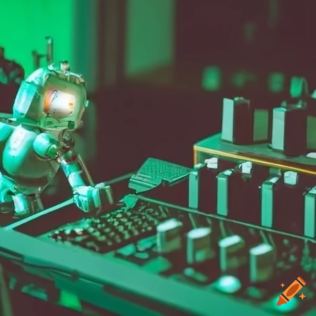 Green lit antique electronics with a modular synthesizer and a robot