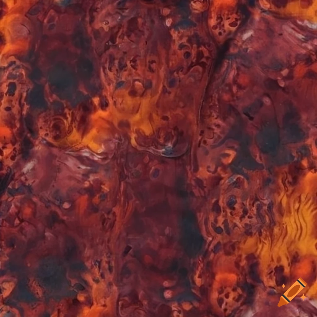 Fabric with burgundy and orange oil splotch patterns on Craiyon