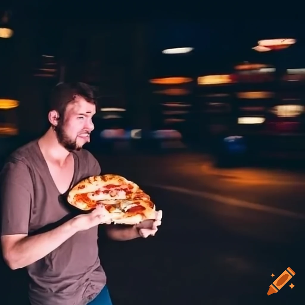 Man enjoying a slice of pizza on the road on Craiyon