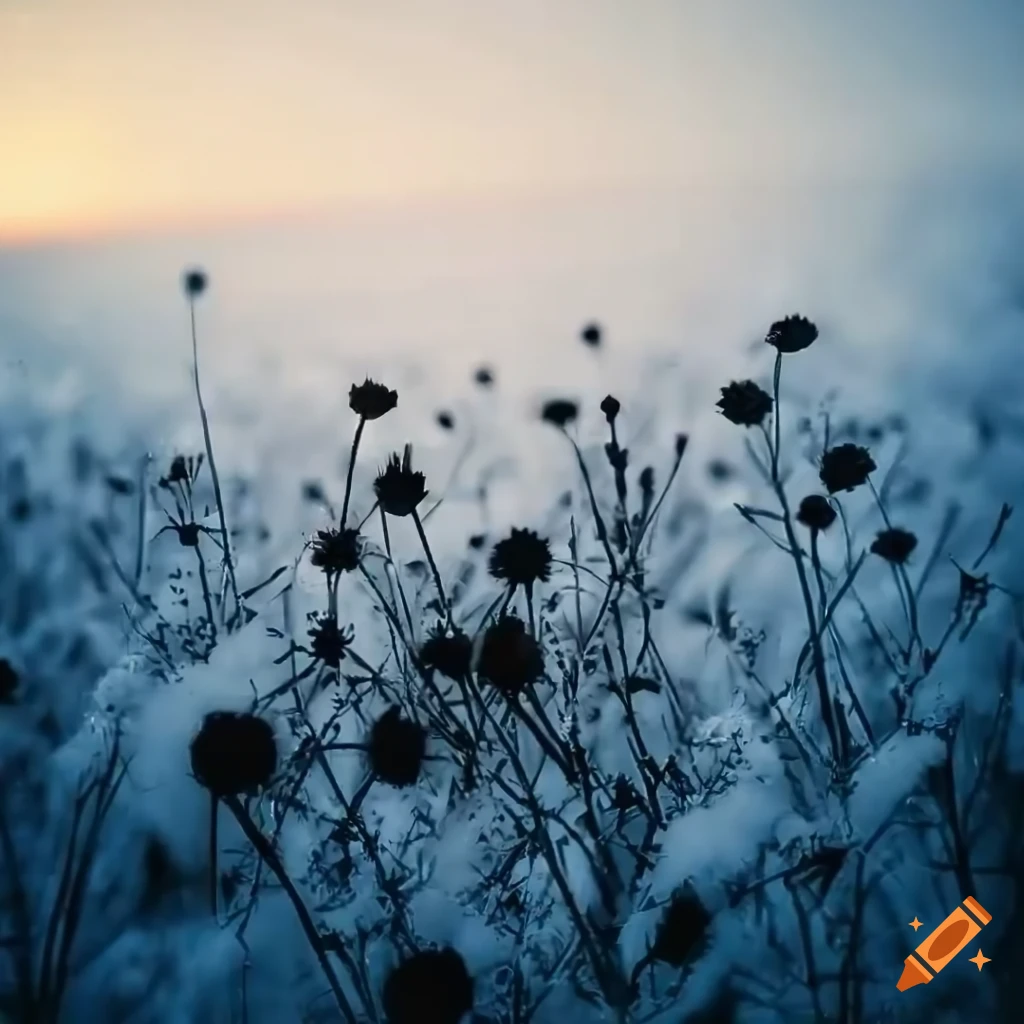 Wide shot of black pyrethrum flowers in snow