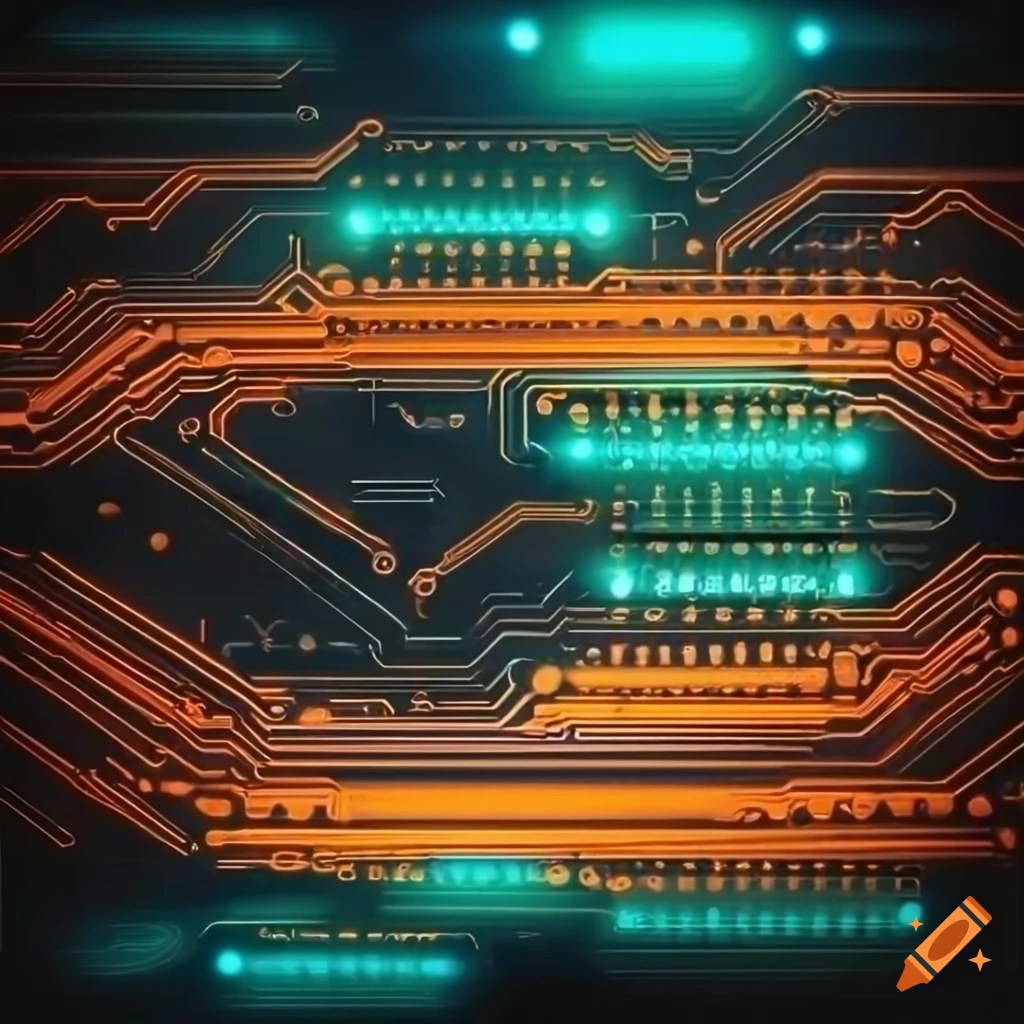 Abstract artwork of black and glowing orange circuit boards on Craiyon