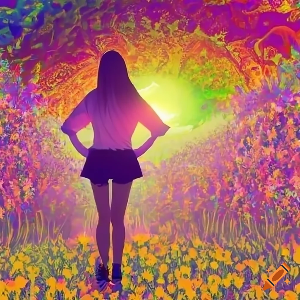 Silhouette of a woman in a field of trippy flowers and butterflies on ...