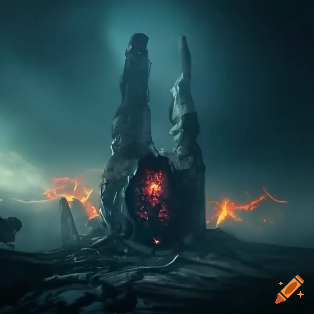 Dystopian scenery with giant robot emerging from fire on Craiyon