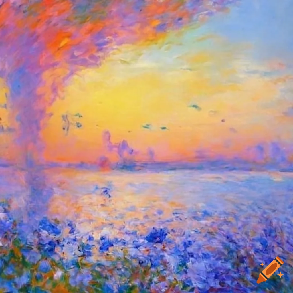 Monet's painting of flowers under a beautiful sky on Craiyon