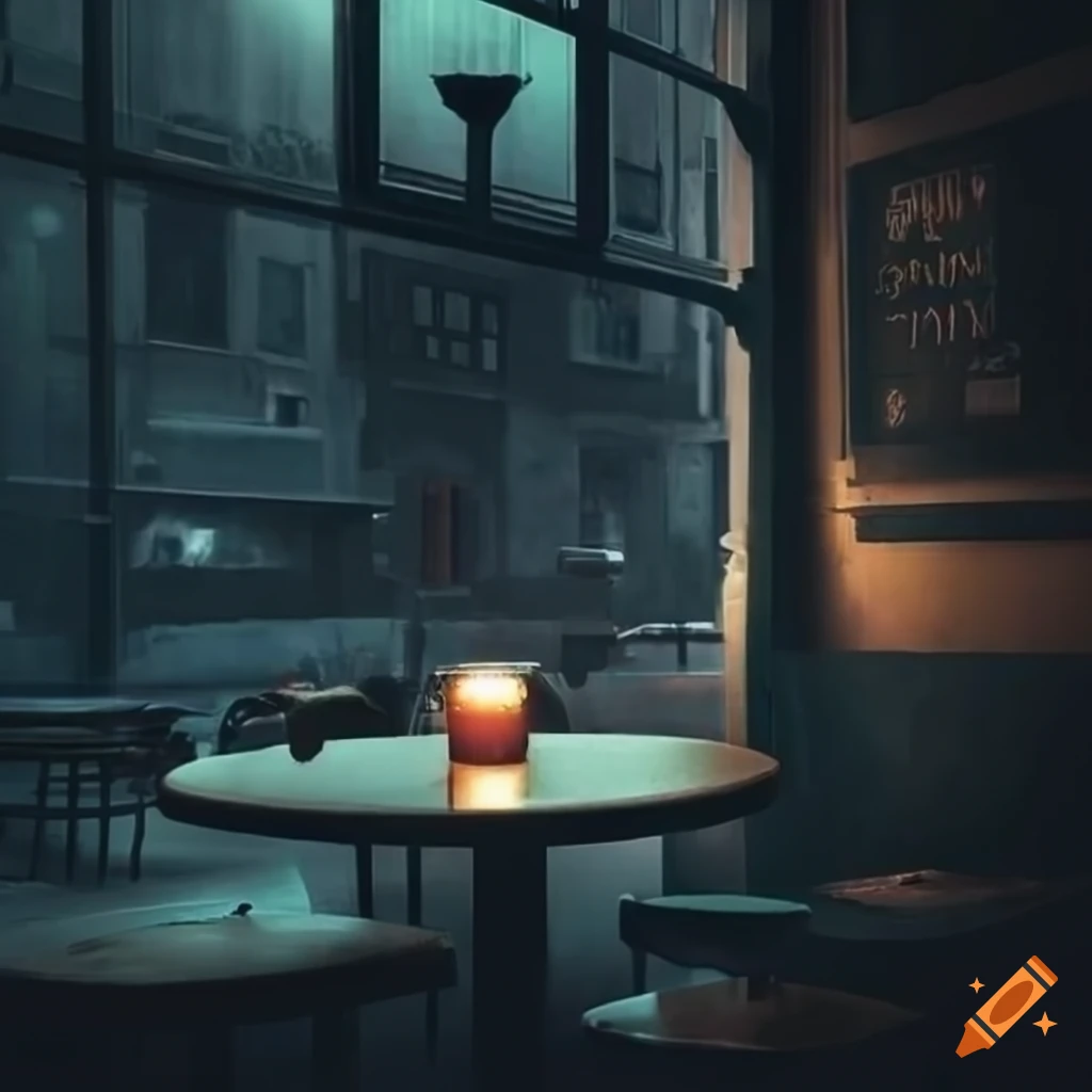 Surreal atmosphere in a late-night coffee shop on Craiyon