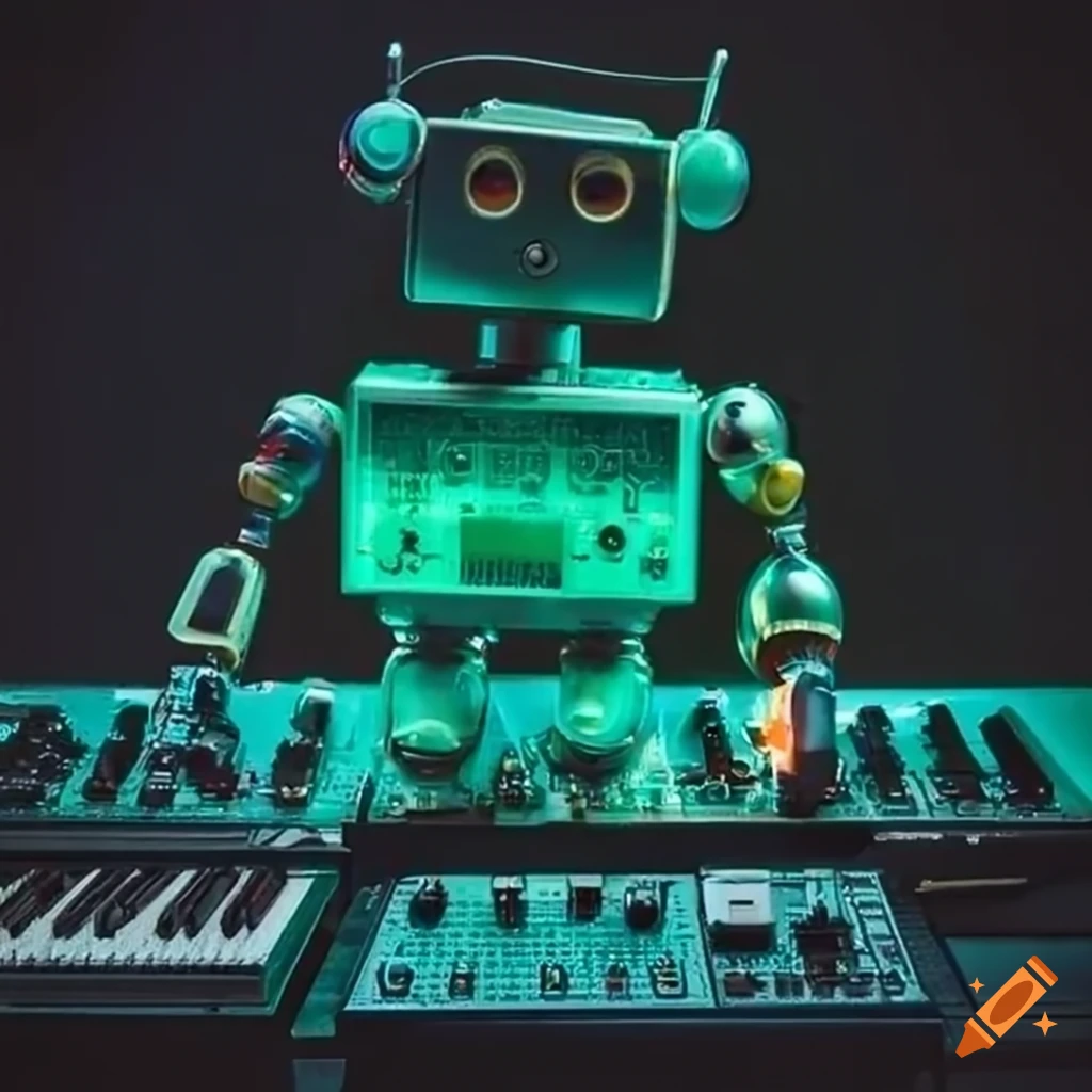 Green lit antique electronics with a modular synthesizer and a robot on ...