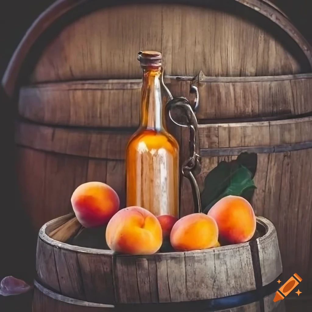 Traditional Hungarian Palinka with apricots on a wooden barrel on Craiyon