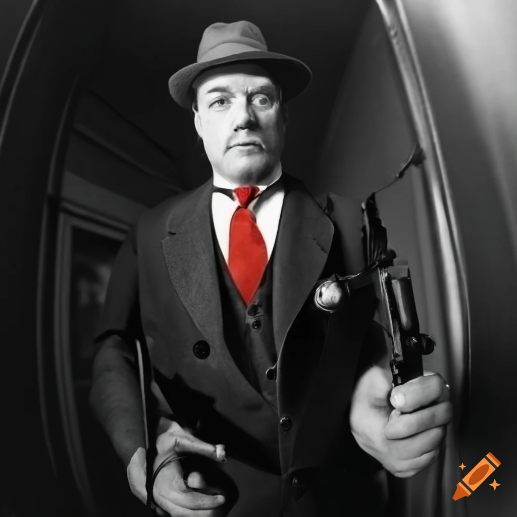 1940s style photograph of a mafia man holding a gun